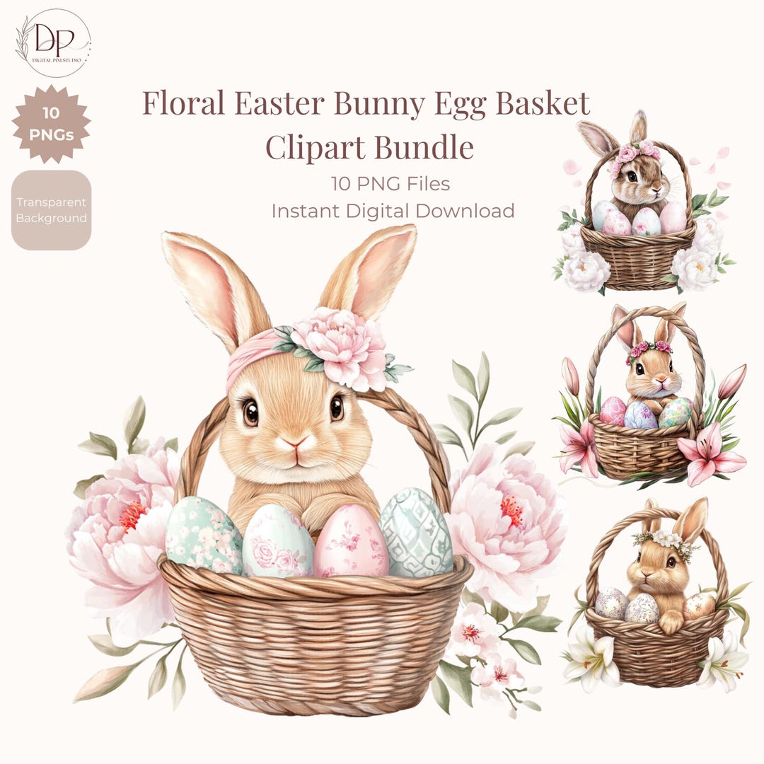 Watercolor Easter Bunnies PNG Clipart: Spring Flower Basket, Easter ...