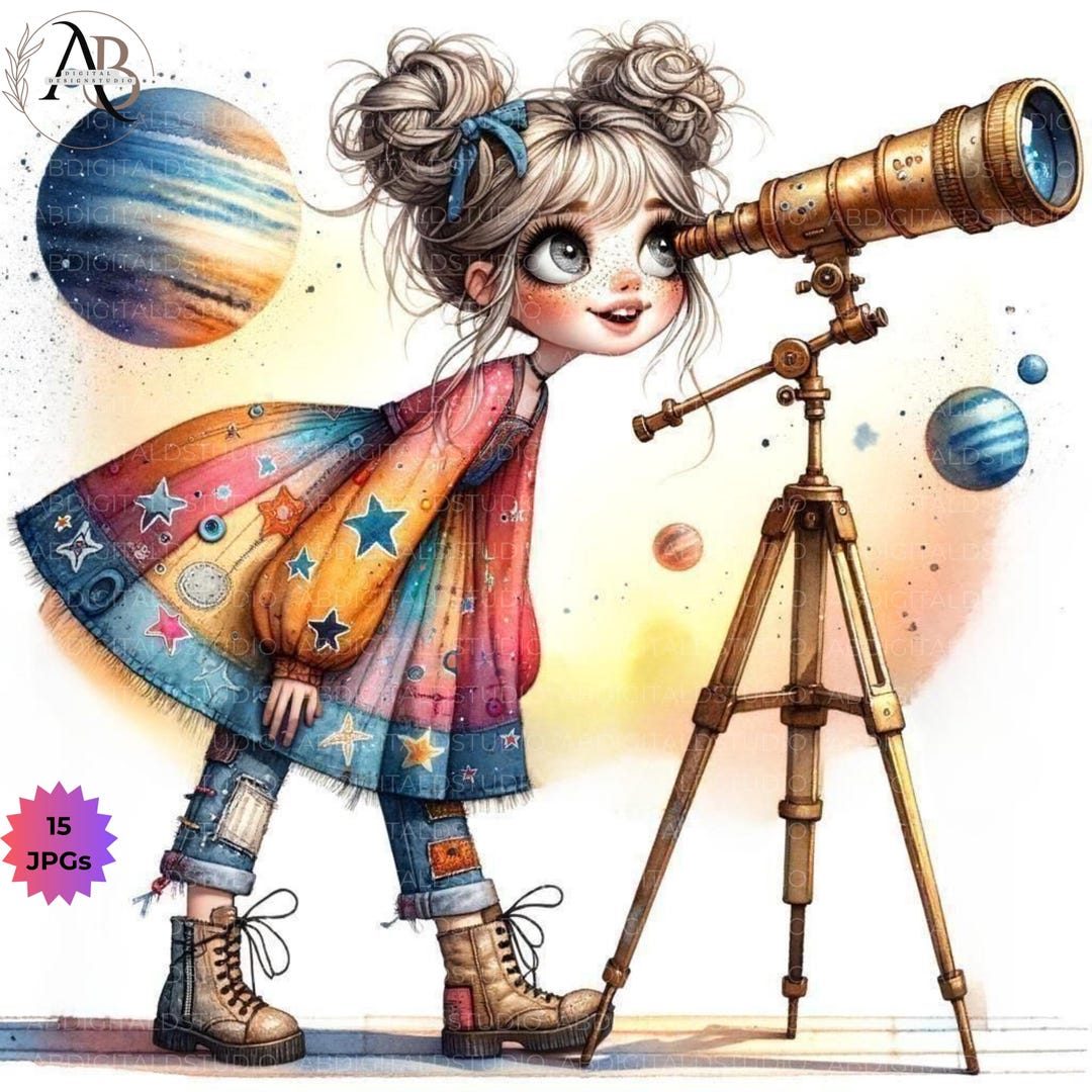 Quirky Girl Star Gazing 15 JPG Clipart, Stargazer Celestial Journal ...