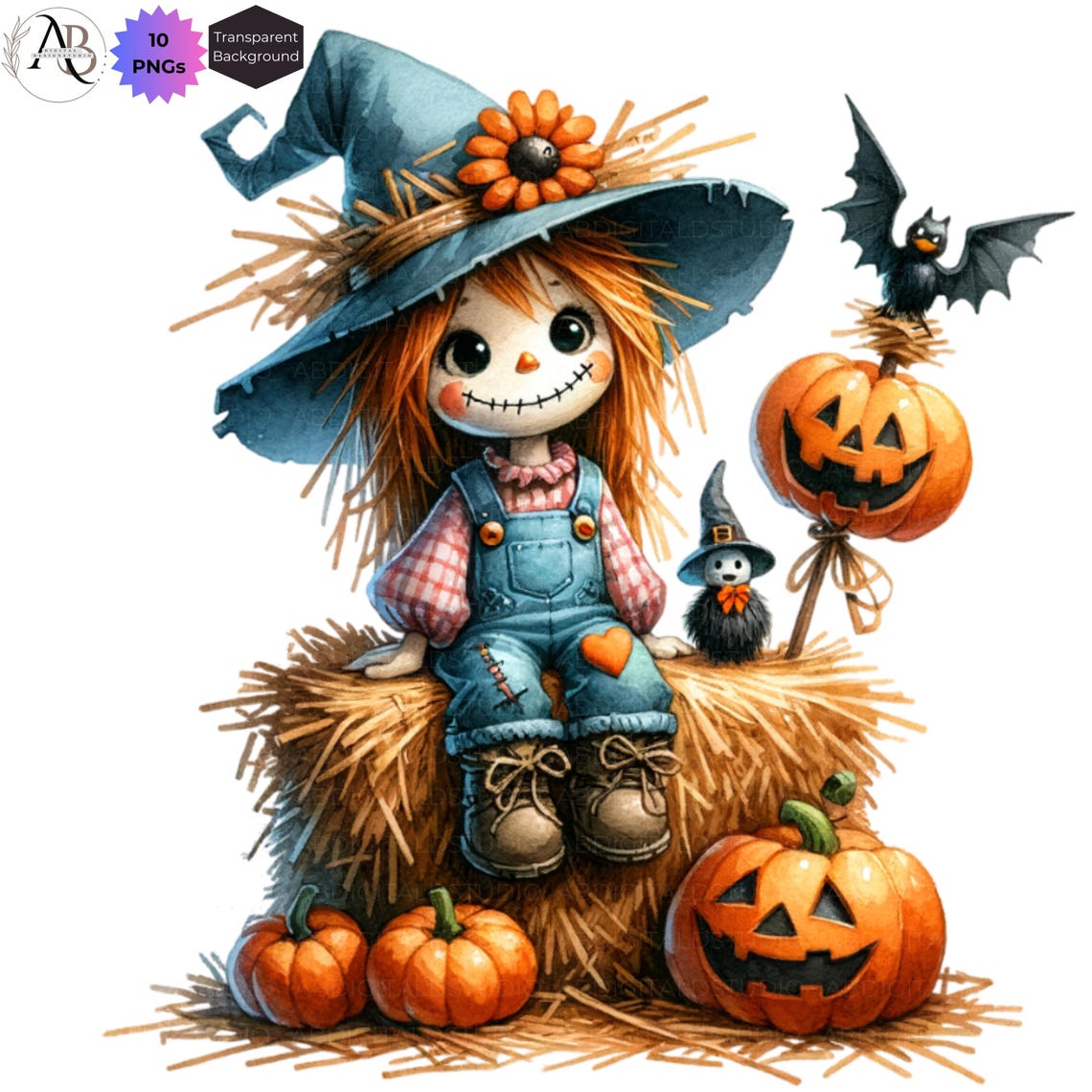 Autumn Scarecrow Clipart: Watercolor Fall PNG Bundle (10 PNG Digital ...