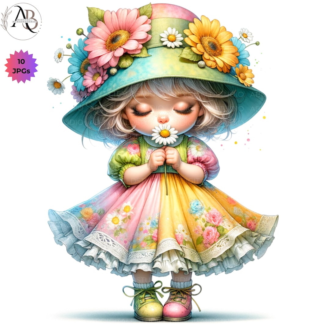 Spring Girl Clip Art, Girls With Daisy Flowers 10JPG, Quirky Girl ...