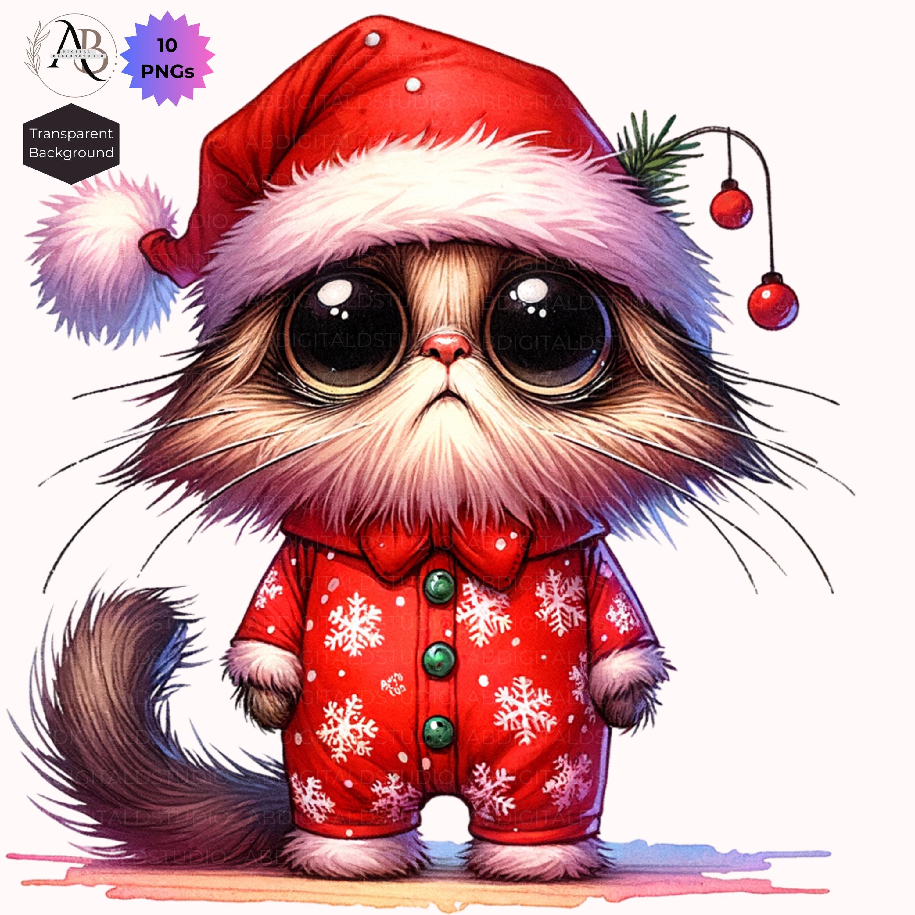 Watercolor Christmas Cat PNG: 10 Funny Christmas Clipart, (DIGITAL ...