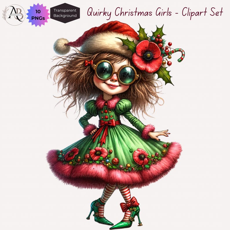Quirky Christmas Girl Clip Art: 10 Pngs for Cardmaking, Scrapbooking ...