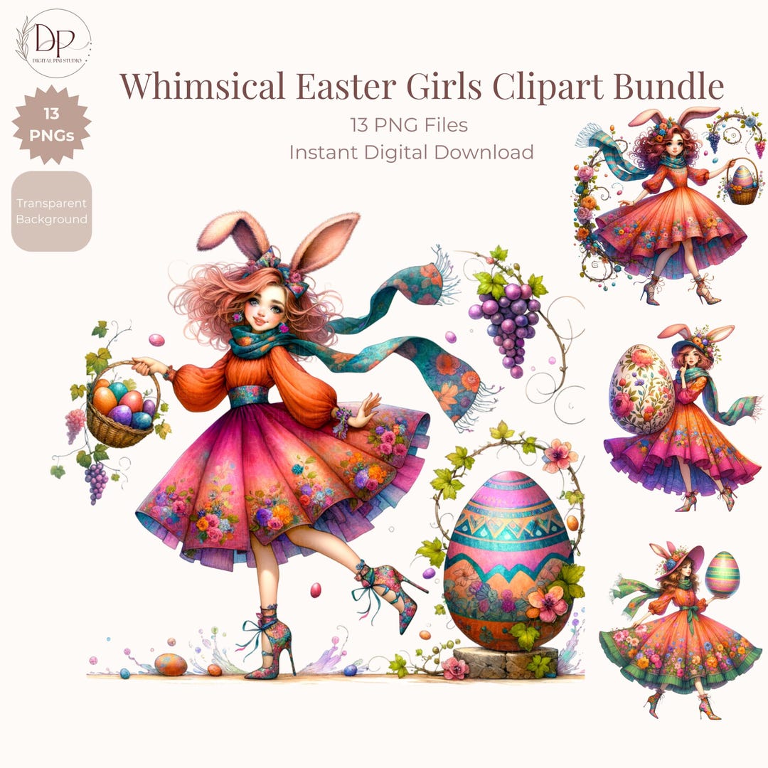 13 PNG Whimsy Easter Girl Bunnies Clipart Bundle: Printable Quirky Girl ...