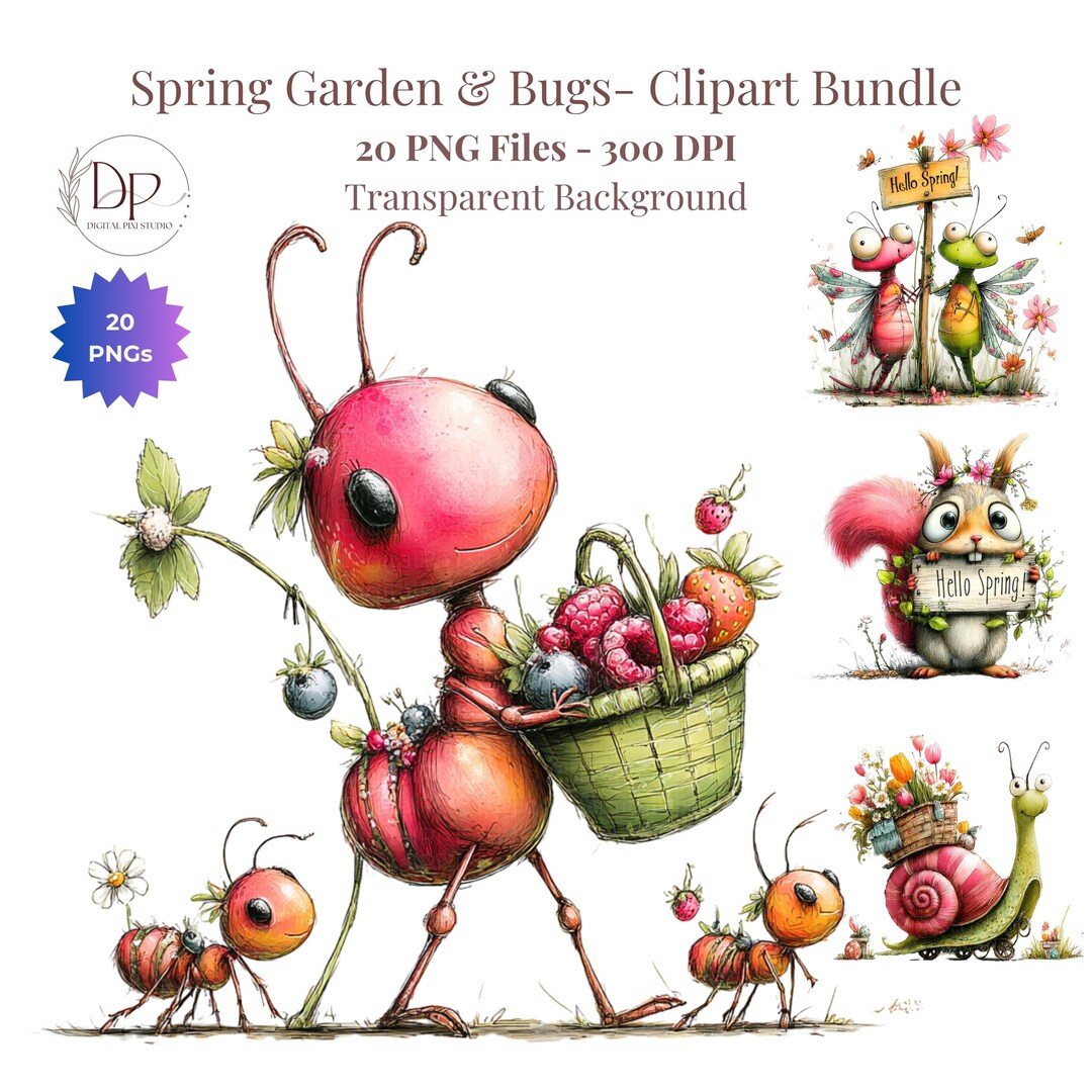 Whimsical Spring Clipart 20 Bugs PNG, Spring Gardening Clipart, Spring ...
