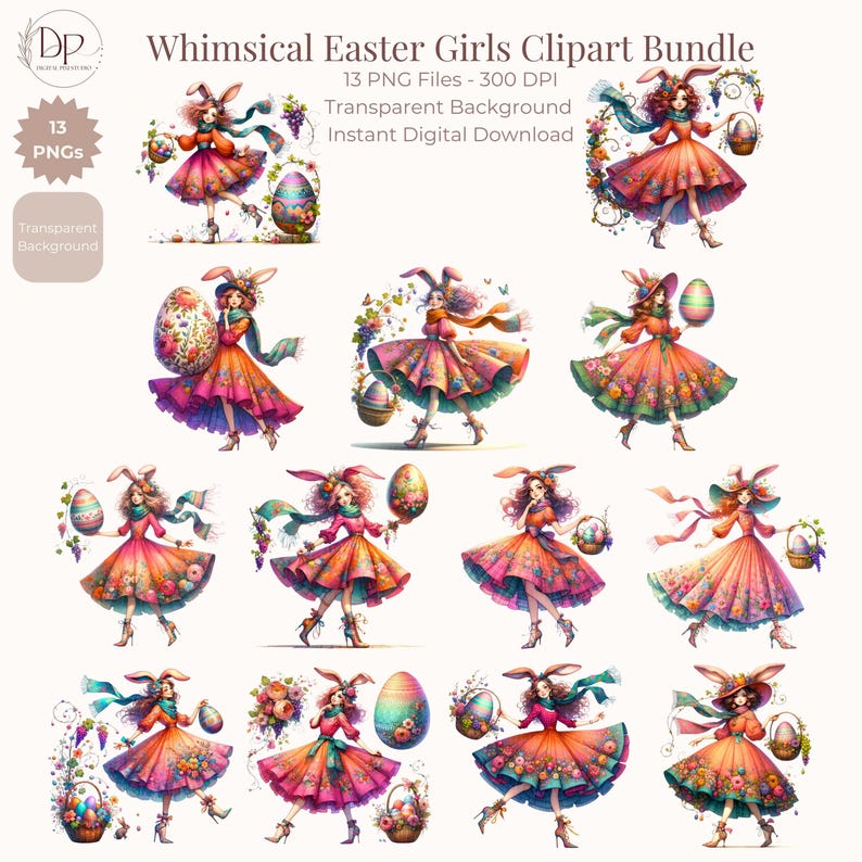13 PNG Whimsy Easter Girl Bunnies Clipart Bundle: Printable Quirky Girl ...