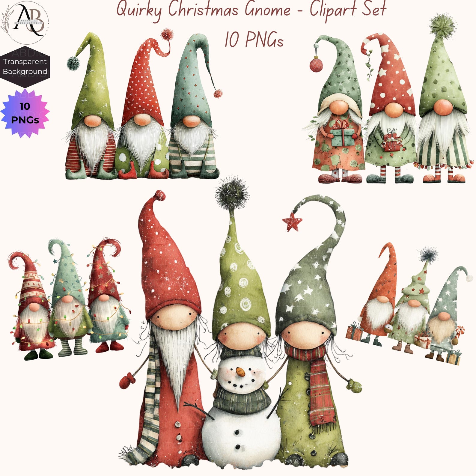 Watercolor Christmas Gnome Clipart: Holiday PNG Images (10 Digital ...