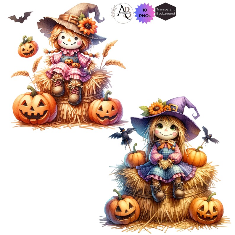 Autumn Scarecrow Clipart: Watercolor Fall PNG Bundle (10 PNG Digital ...
