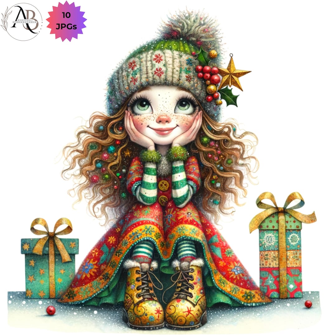 Quirky Christmas Girls Clip Art , 10 JPG, Holiday Watercolor Digital ...