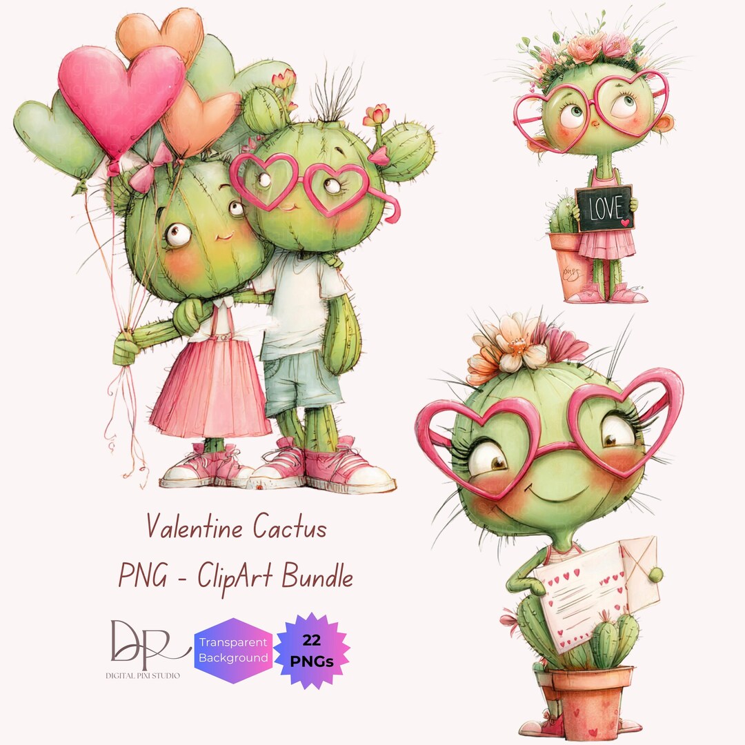 Valentine Cactus Clipart: Whimsical 22 PNG Bundle (digital Download ...