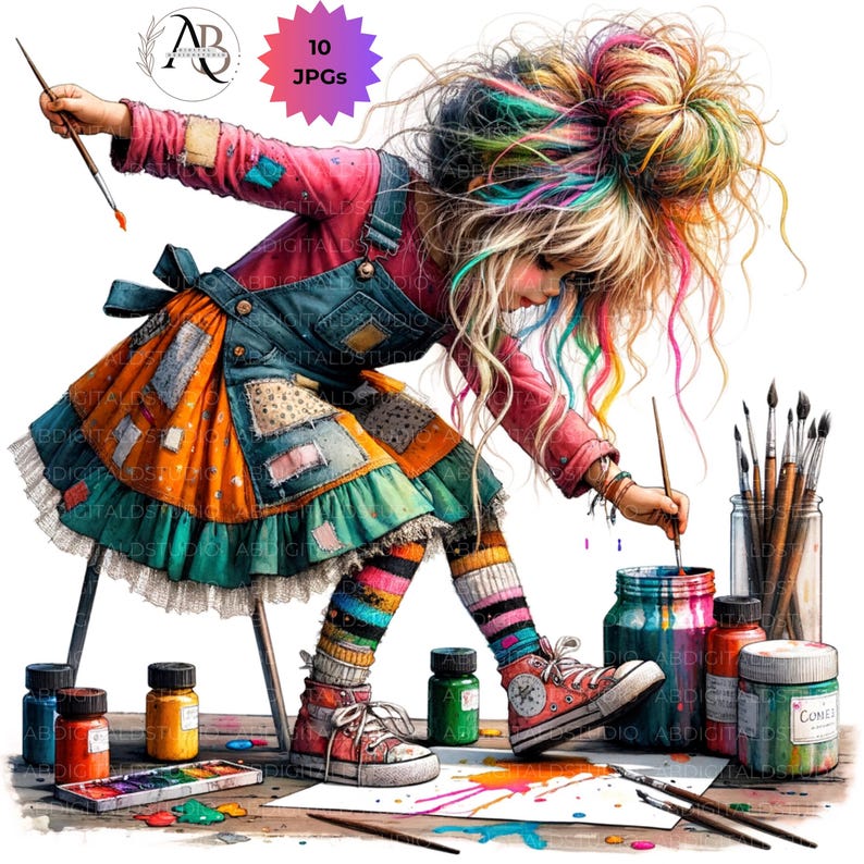 Quirky Girl Artist Clipart 10JPG Whimsical Artist Cute Girls Watercolor ...