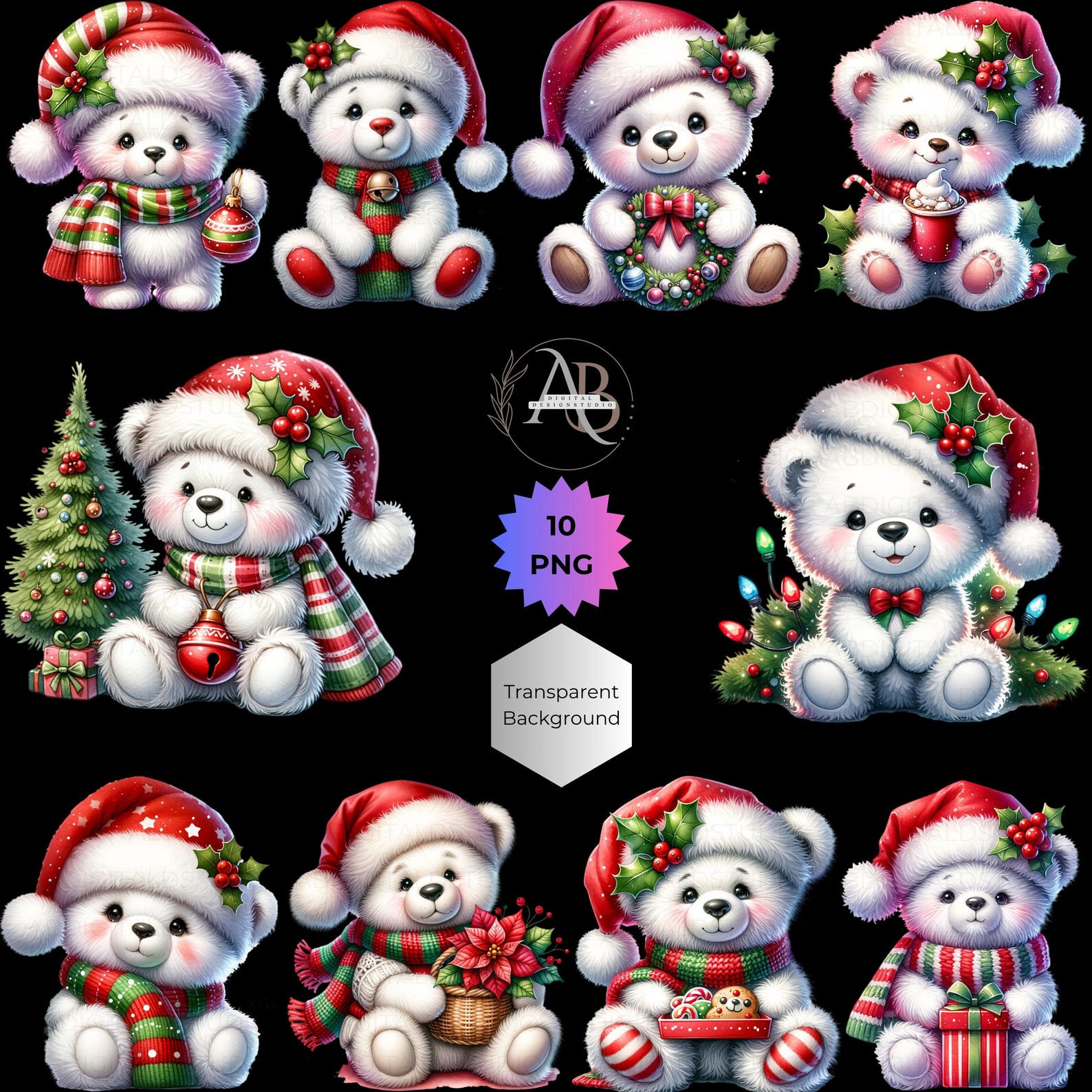 Christmas Teddy Bear Clipart: Holiday Card Scrapbooking Ephemera (10 ...