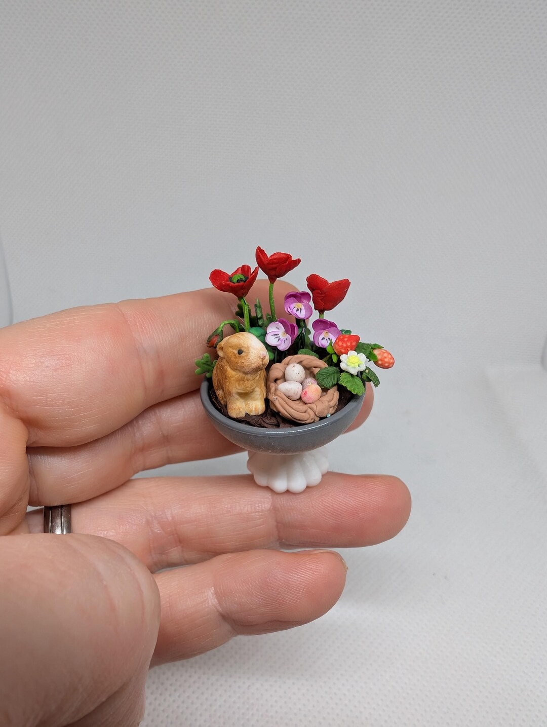 Miniature Flowers in a Basket, Dollhouse Flowers, Poppies, Strawberries ...