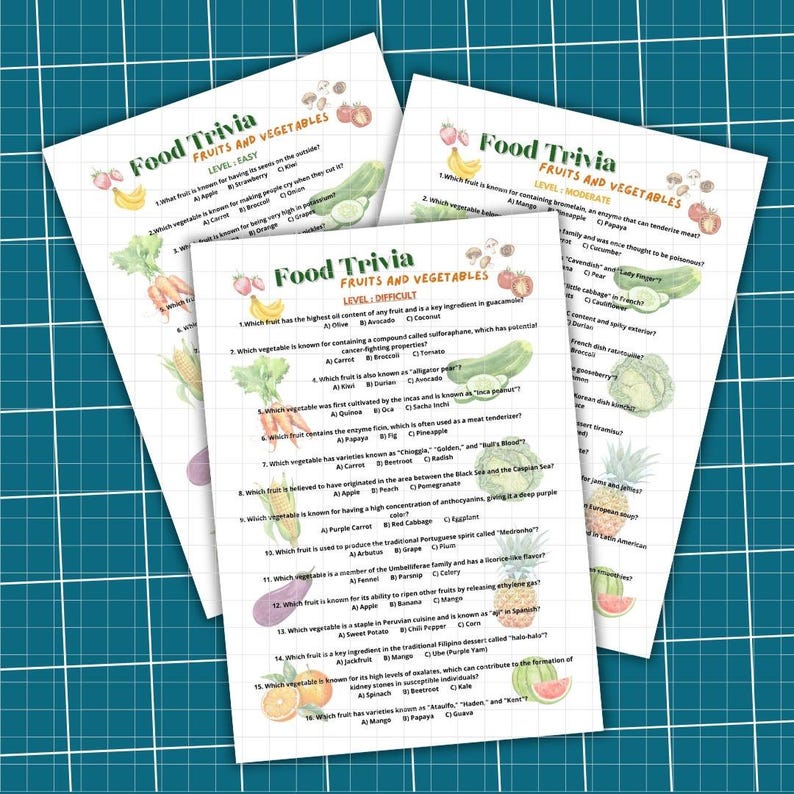 Food Trivia, Fruits and Vegetables Trivia, 45 Questions, PDF Printable ...