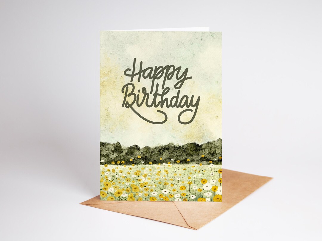 Watercolor Floral Landscape Birthday Card (printable Digital Download ...