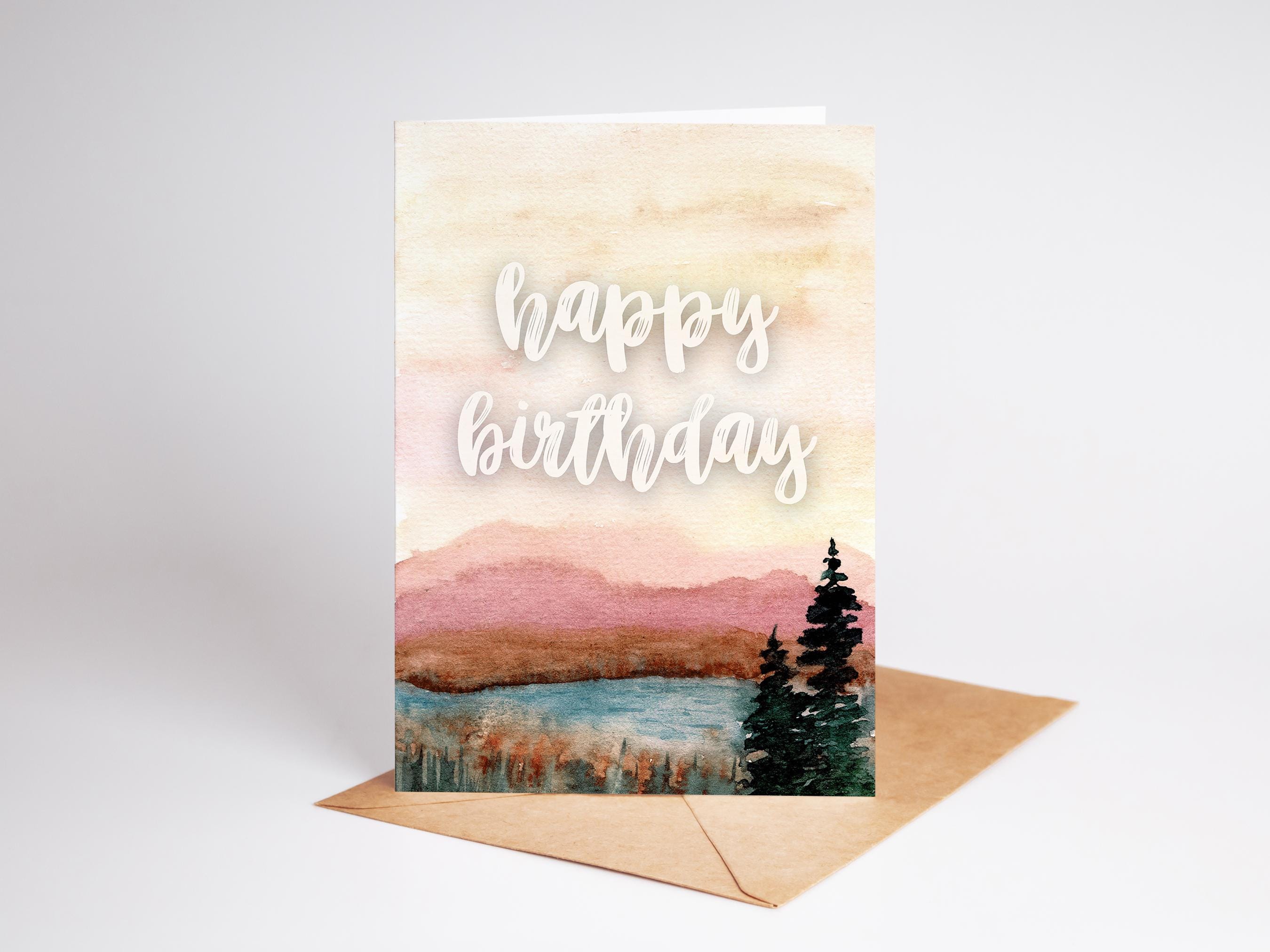 Watercolor Lake Scene Birthday Card Printable 5 X 7 Inch Folded ...