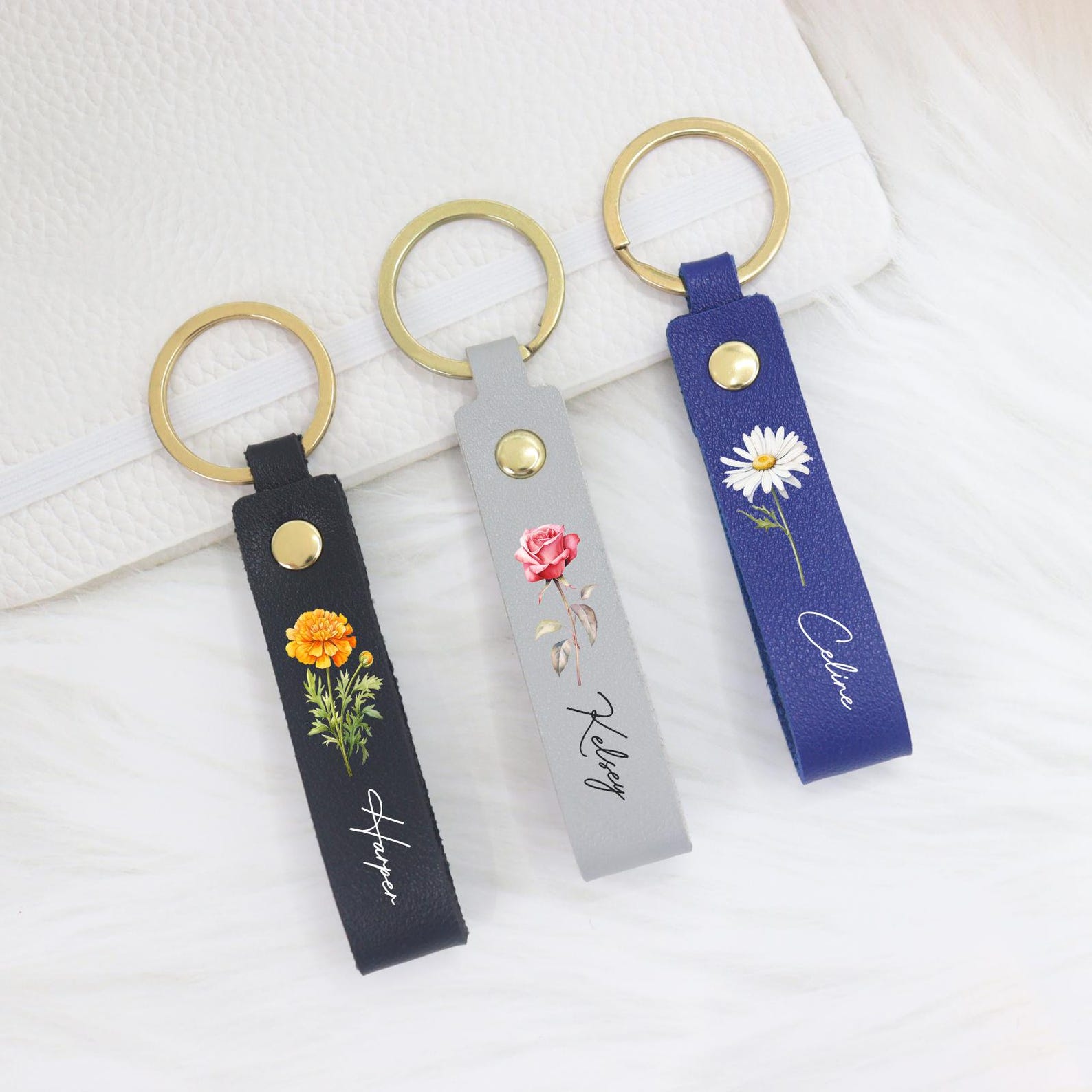 Birth Flower Leather Keychain,leather Keyring,custom Birth Floral ...