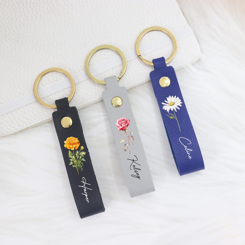 Birth Flower Leather Keychain,leather Keyring,custom Birth Floral ...