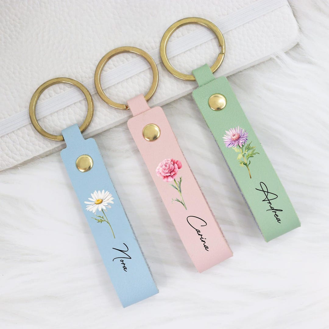 Birth Flower Leather Keychain,leather Keyring,custom Birth Floral ...