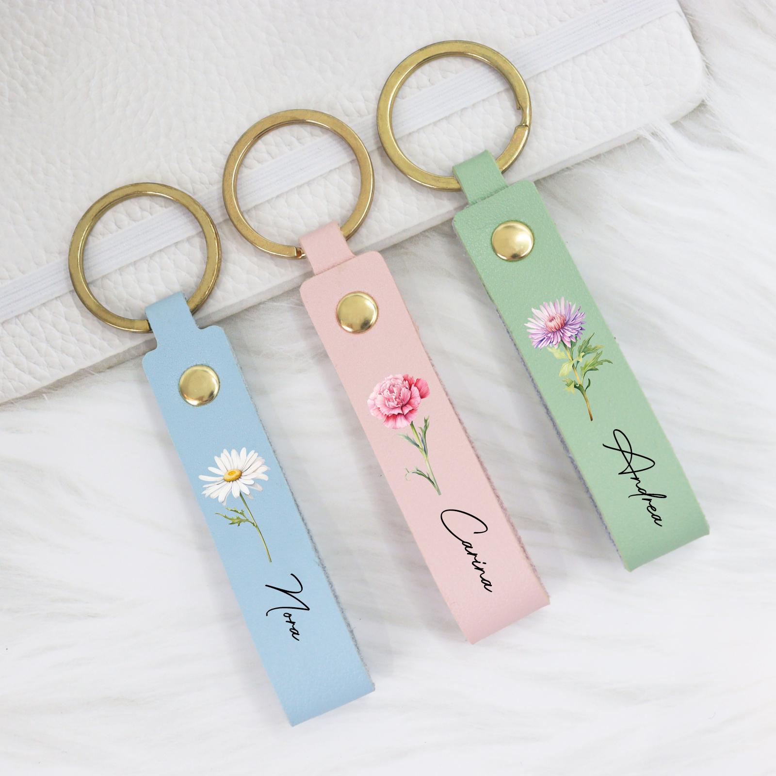 Birth Flower Leather Keychain,leather Keyring,custom Birth Floral ...