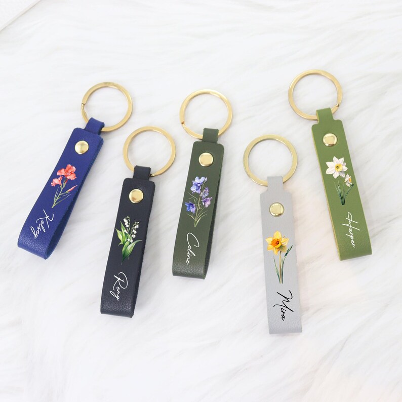 Birth Flower Leather Keychain,leather Keyring,custom Birth Floral ...