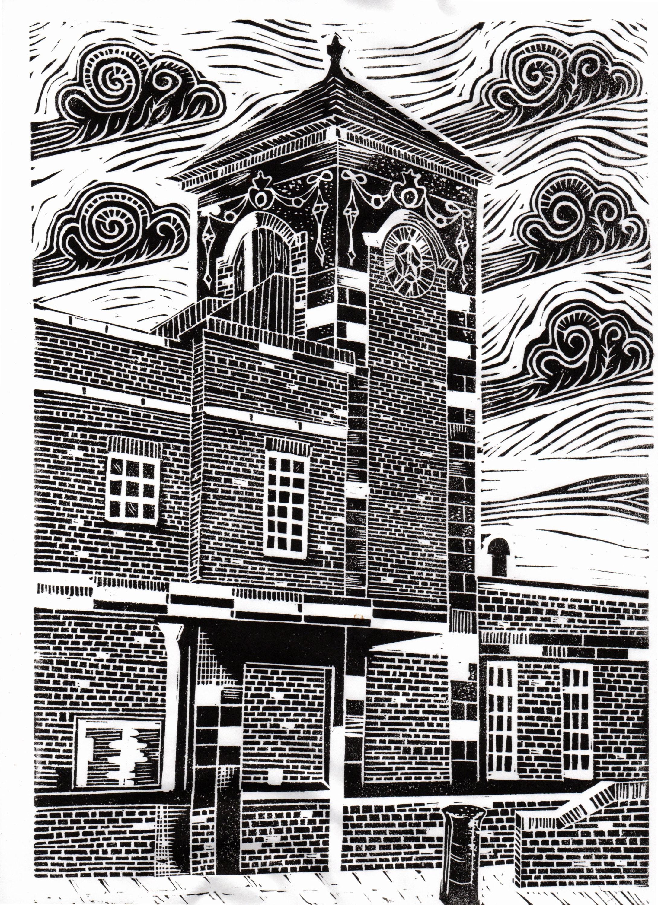 Nuneaton Railway Station Clock Tower, Linocut Print by John Freeman - Etsy
