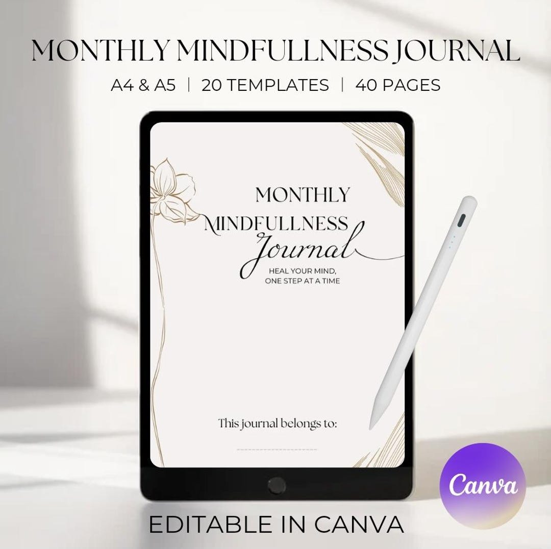 Digital Monthly Mindfullness Journal, Canva Journal Template, Wellness ...