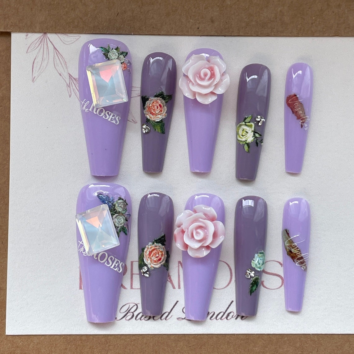 3D Rose Press-on Nails With White Gemstone, Handmade Floral Nail Art ...