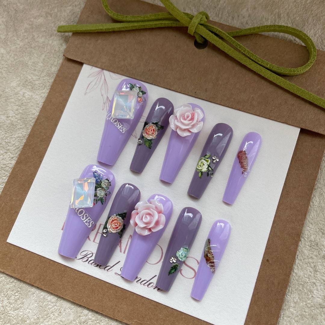 3D Rose Press-on Nails With White Gemstone, Handmade Floral Nail Art ...