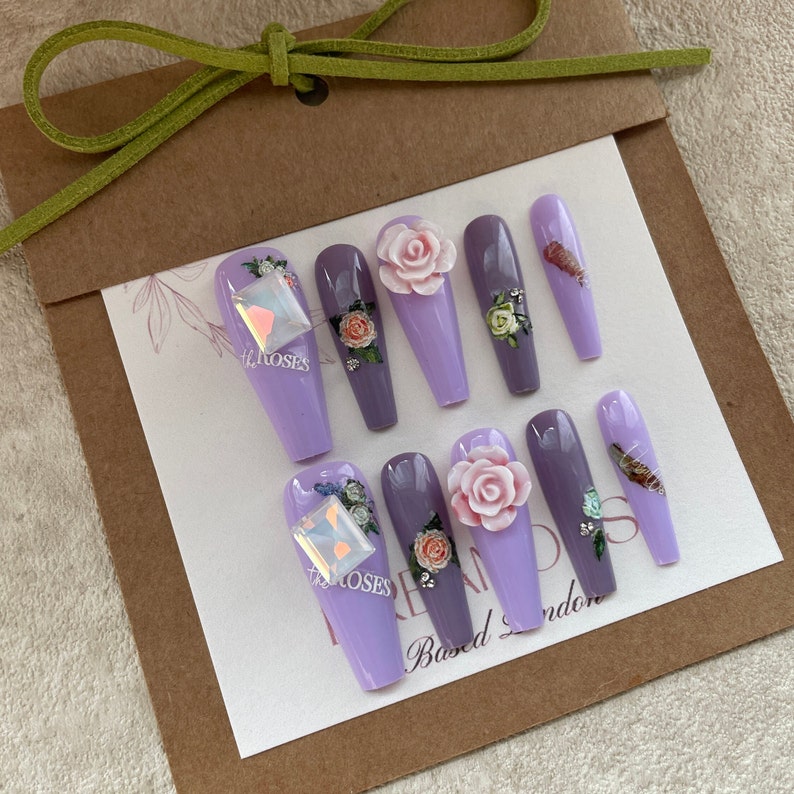 3D Rose Press-on Nails With White Gemstone, Handmade Floral Nail Art ...