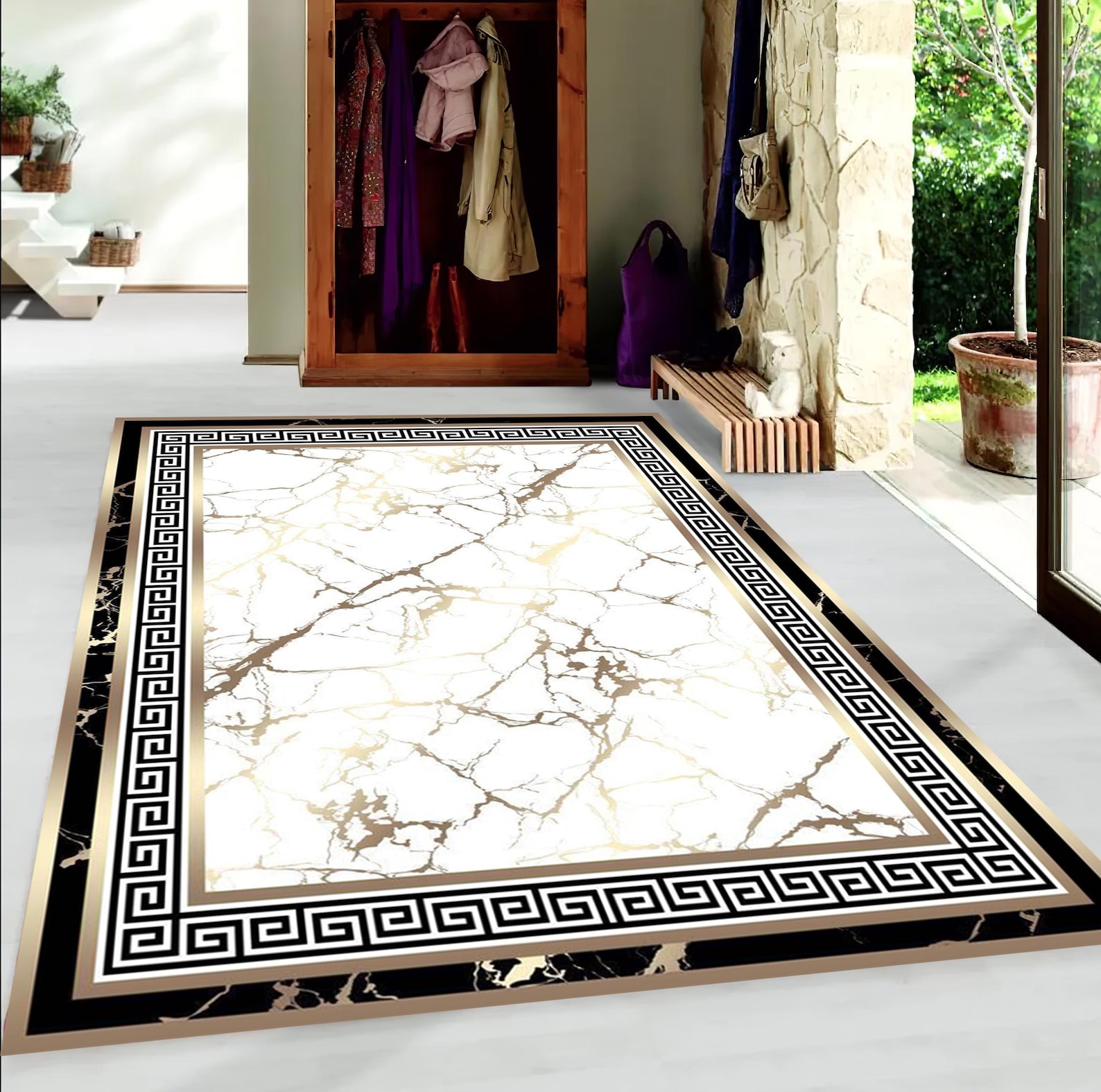 Black and Gold Roman Rug, for Living Room, Medusa Carpet, Greek Key Rug ...