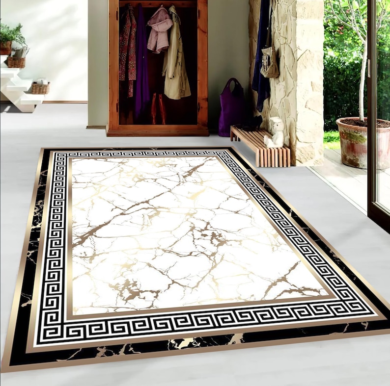 Black and Gold Roman Rug, for Living Room, Medusa Carpet, Greek Key Rug ...