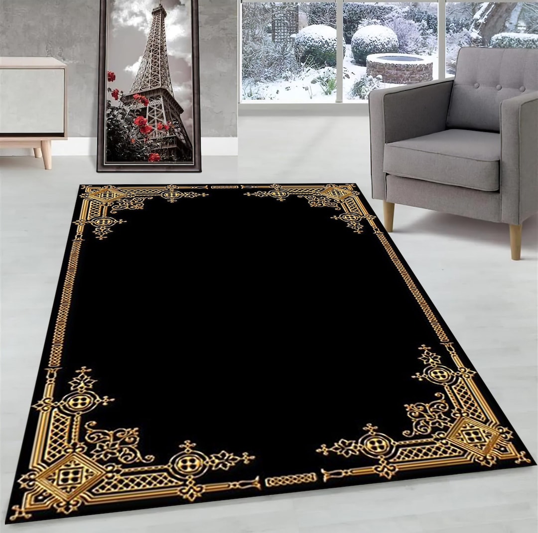 Black and Gold Roman Rug, for Living Room, Medusa Carpet, Greek Key Rug ...