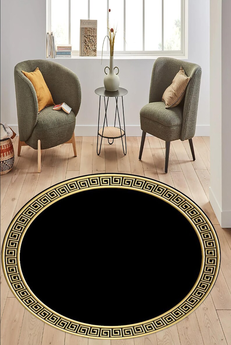 Black Medusa Rug: Gold Greek Key Cotton Floor Carpet - Etsy