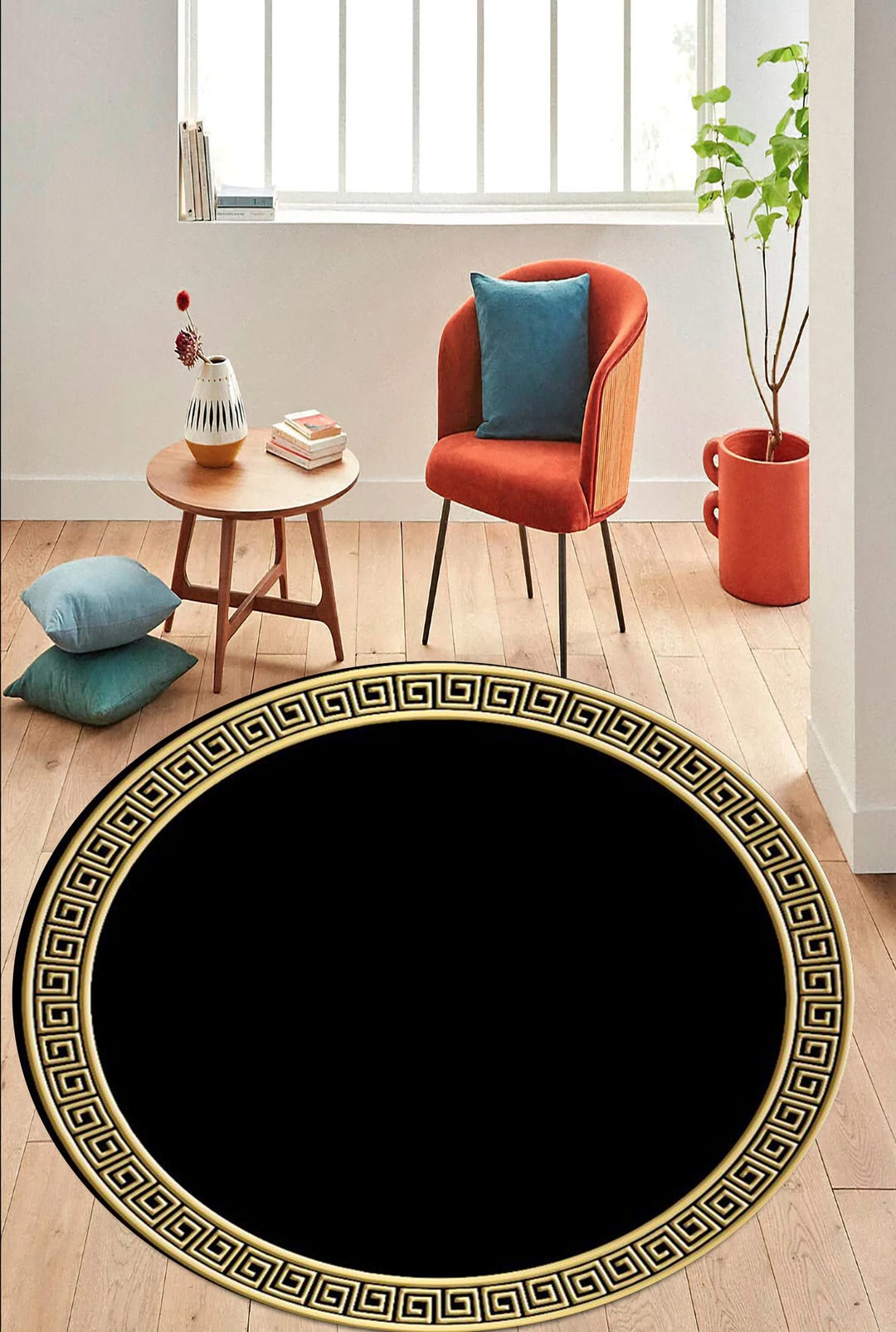 Black Medusa Rug: Gold Greek Key Cotton Floor Carpet - Etsy