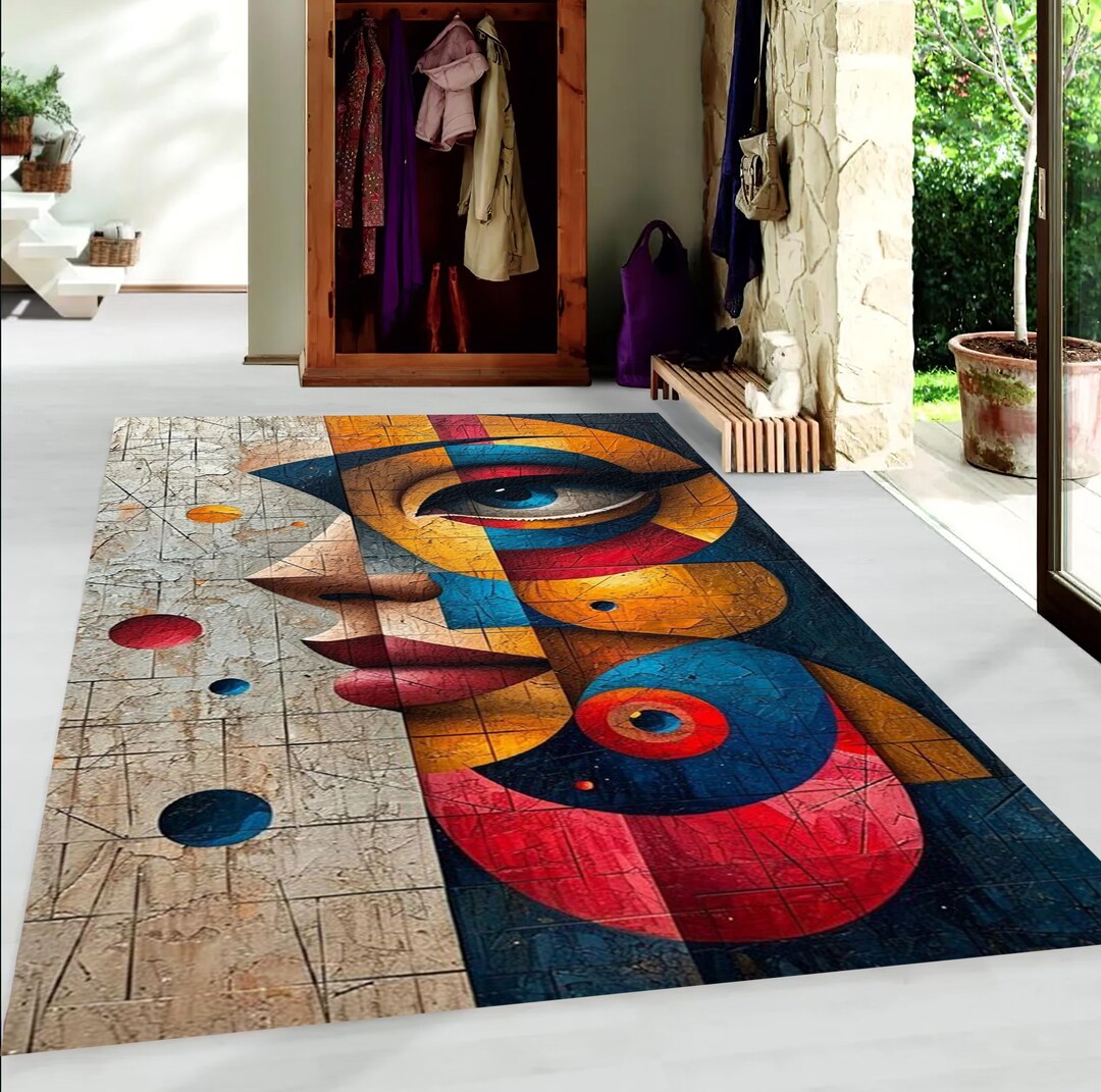 Mid Century Modern Art Rug: Abstract Face, Non-slip Soft Area Rug - Etsy