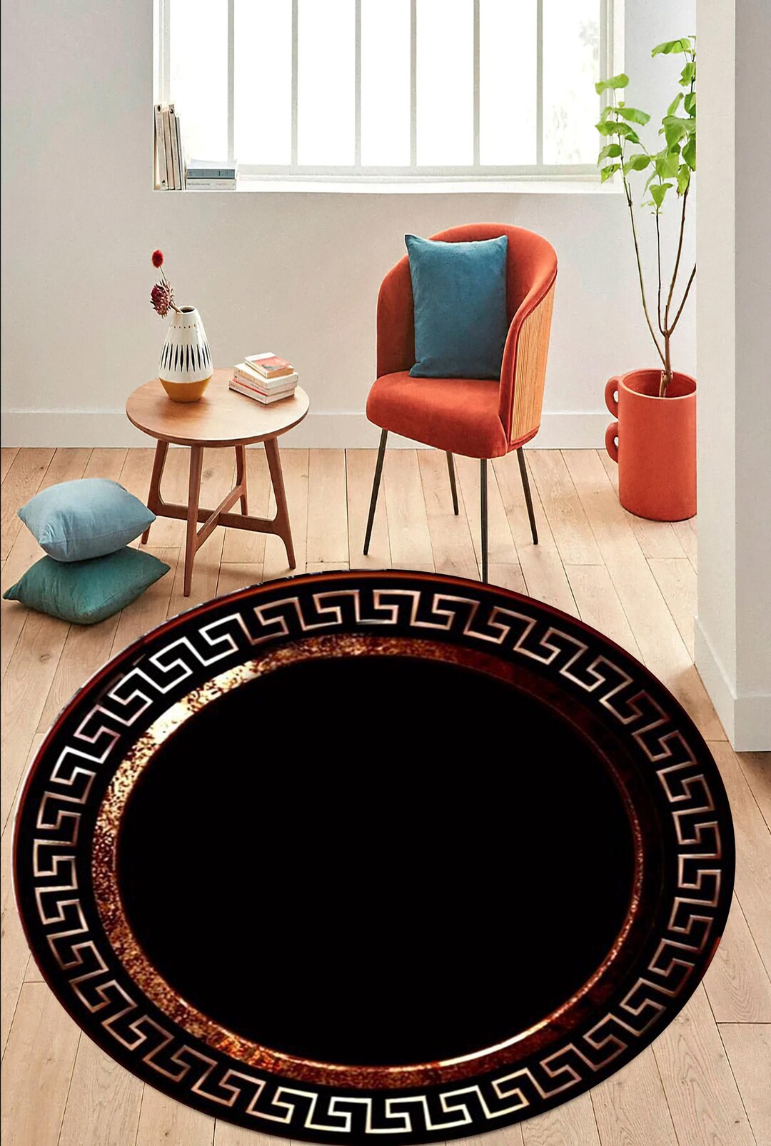 Black and Gold Roman Rug, for Living Room, Medusa Carpet, Greek Key Rug ...