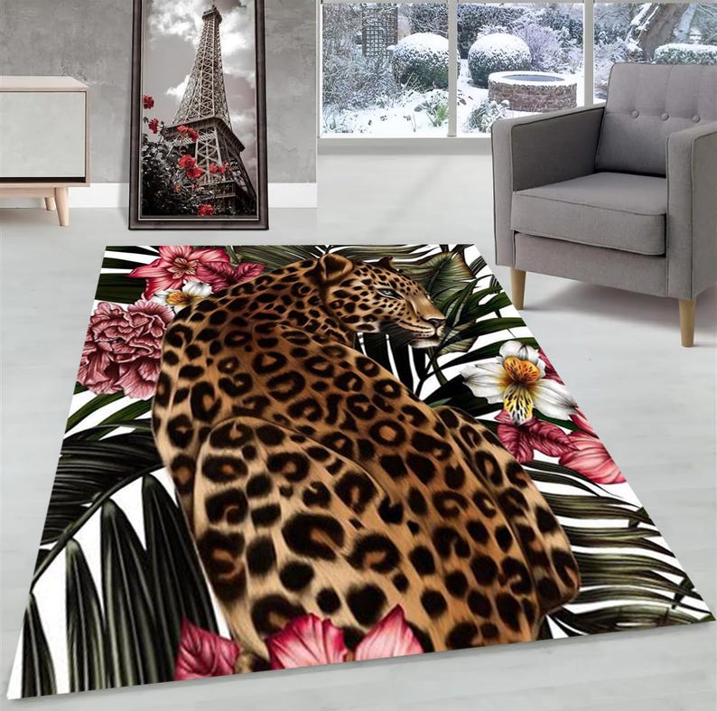 Leopard Print Area Rug: Floral Animal Decor Carpet - Etsy