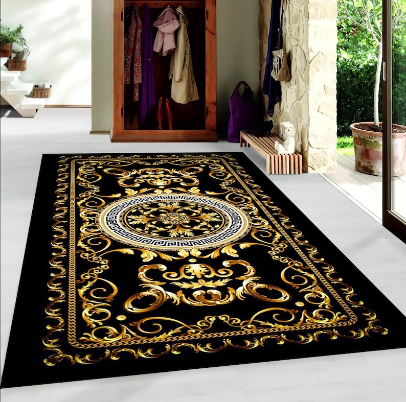 Black and Gold Roman Rug, for Living Room, Medusa Carpet, Greek Key Rug ...