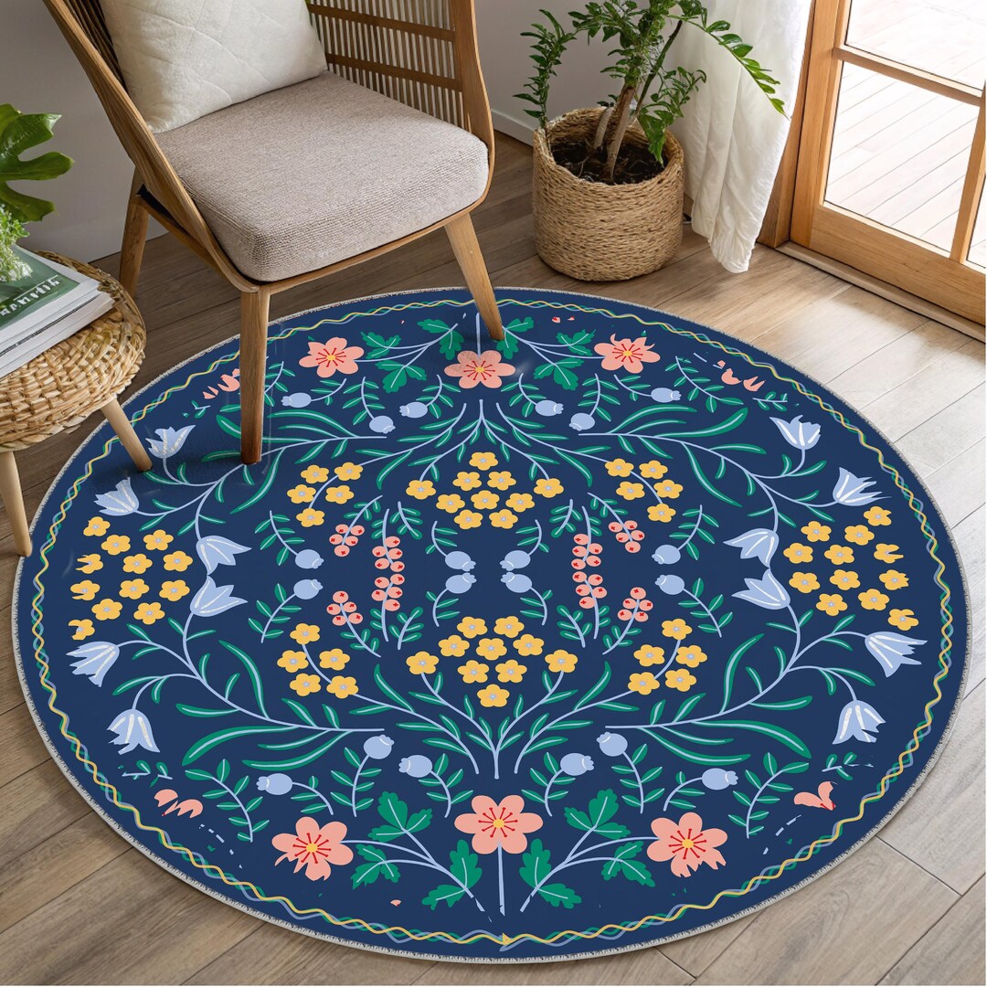 Round Chinoiserie Rug: Indigo Blue Floral Cotton Chenille - Etsy
