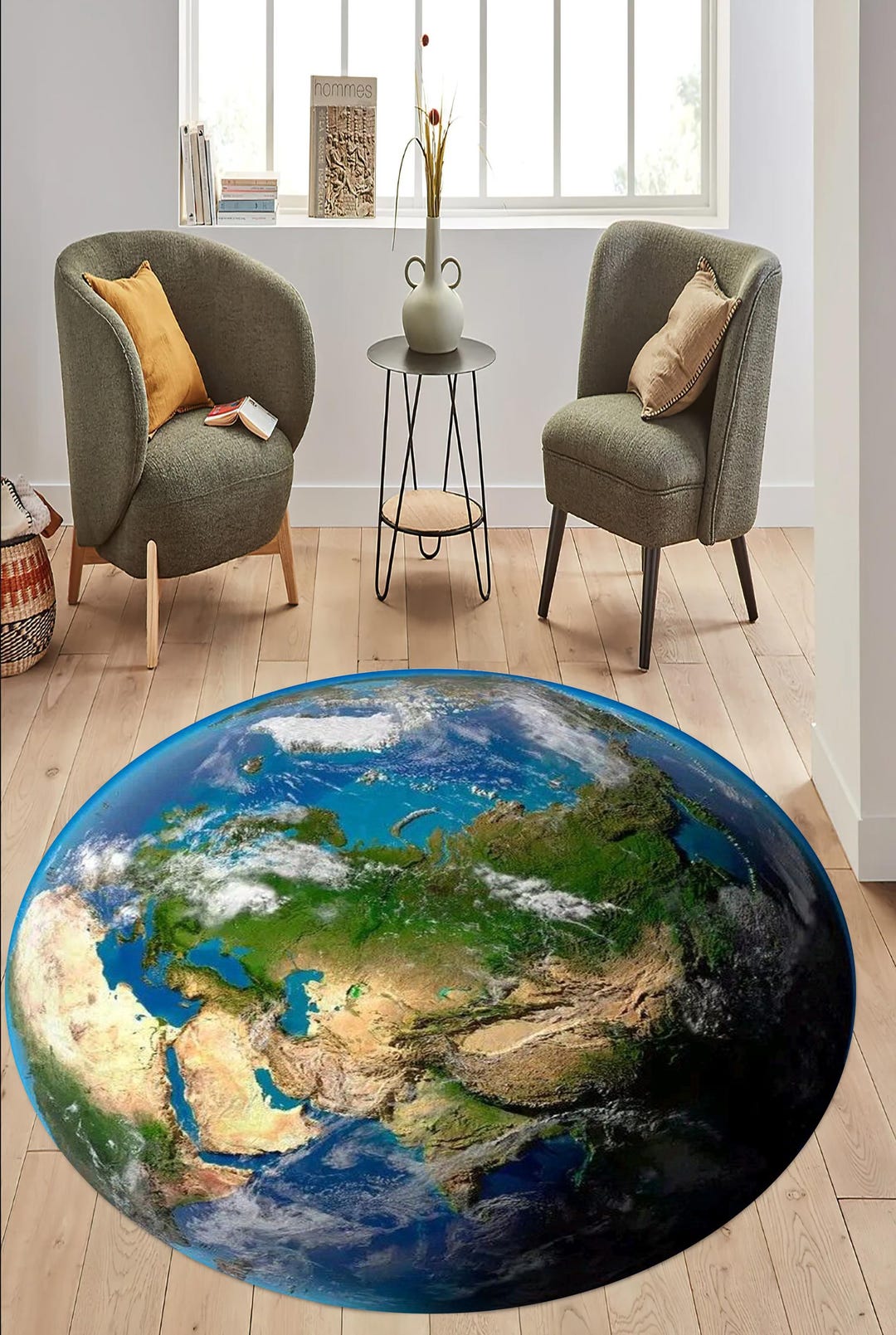 Round World Map Carpet: Earth Design, Non-slip Cotton Rug - Etsy