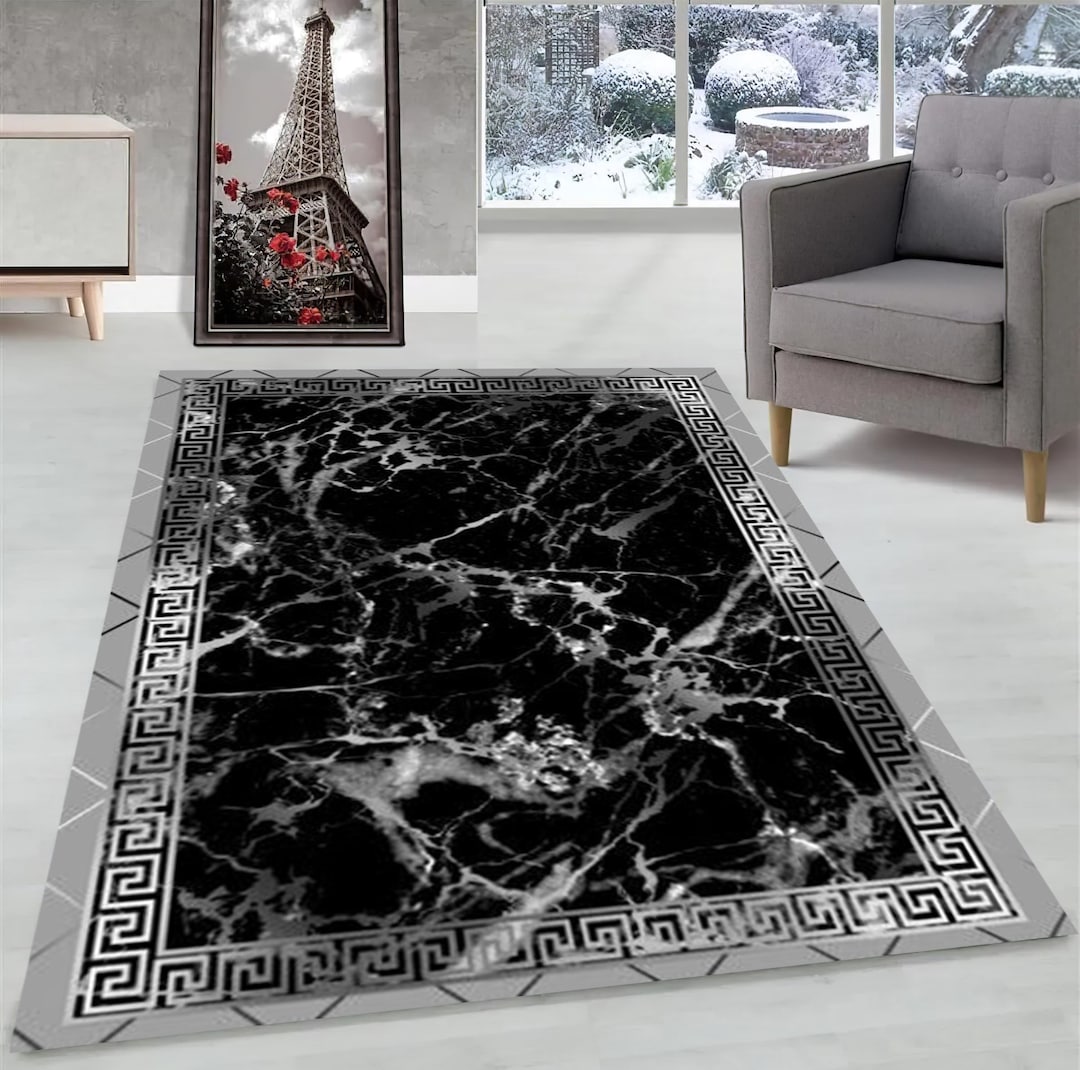 Black Marble Rug: Greek Key Medusa Design, Modern Living Room Carpet - Etsy