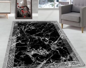 Black and Gold Roman Rug, for Living Room, Medusa Carpet, Greek Key Rug ...