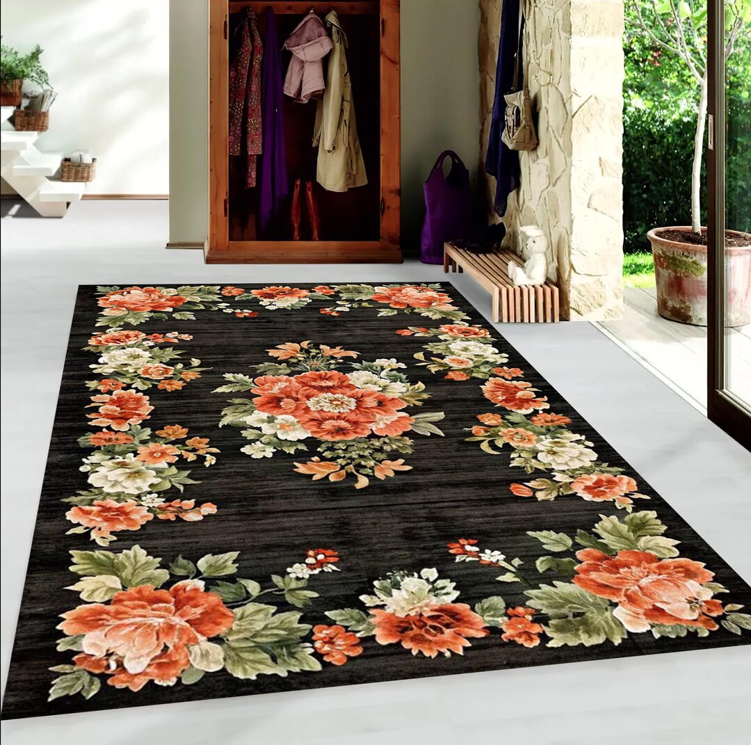 Floral Usak Style Carpet: Black & Red, Modern Home Decor - Etsy