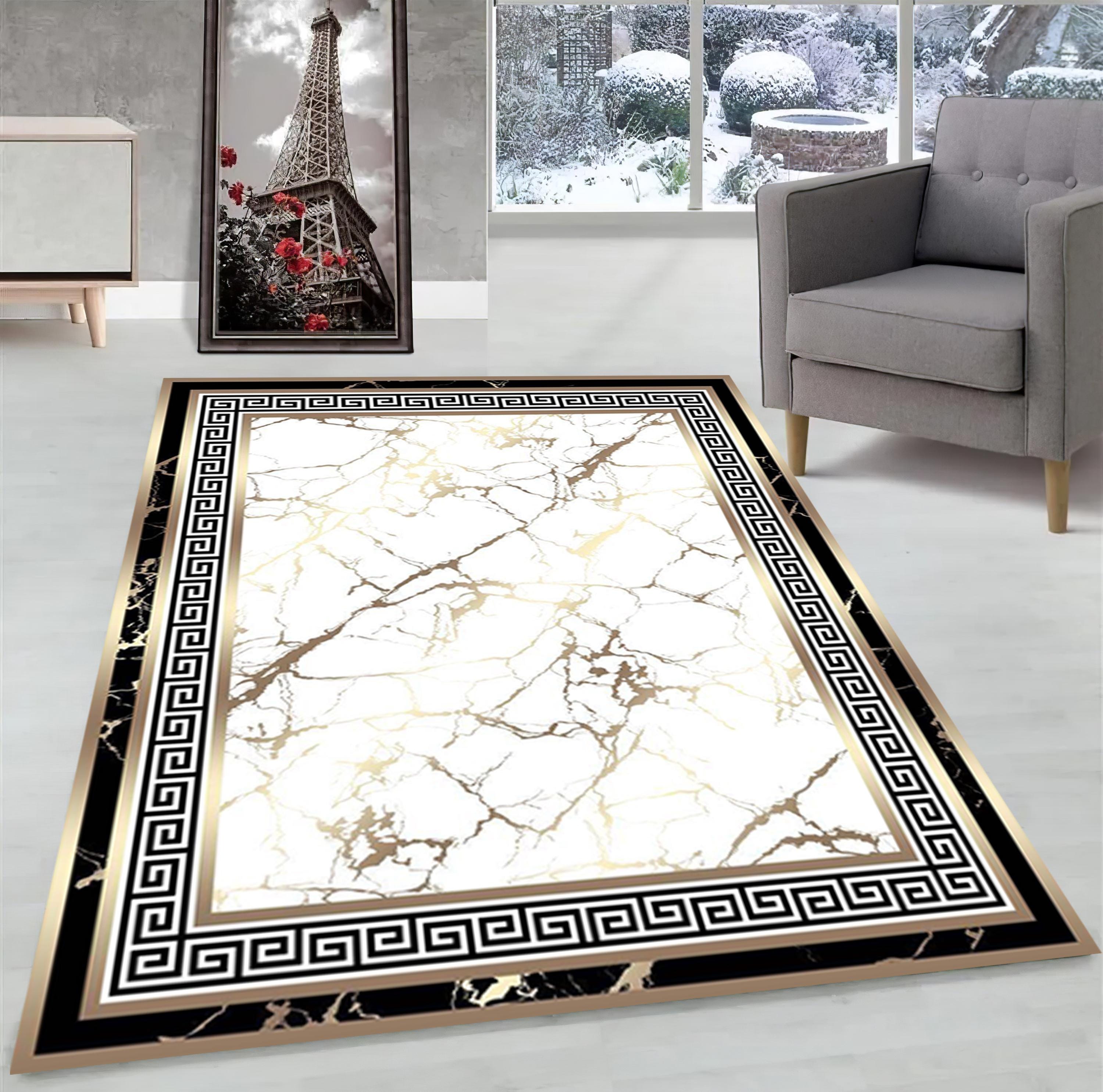 Black and Gold Roman Rug, for Living Room, Medusa Carpet, Greek Key Rug ...