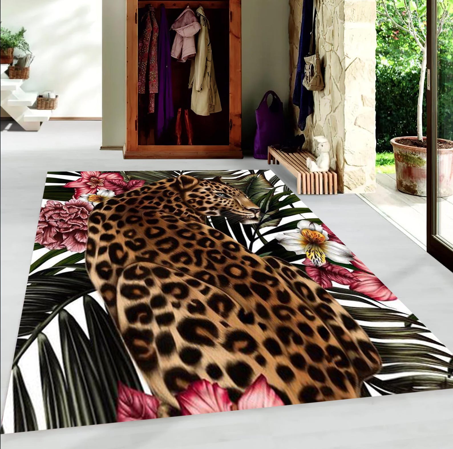 Leopard Print Area Rug: Floral Animal Decor Carpet - Etsy