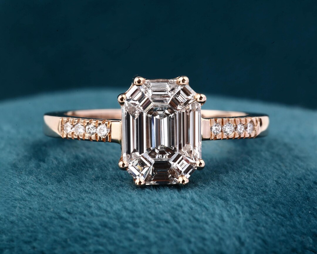 Emerald Pie Cut Diamond Engagement Ring: 14K Rose Gold Bridal Ring - Etsy