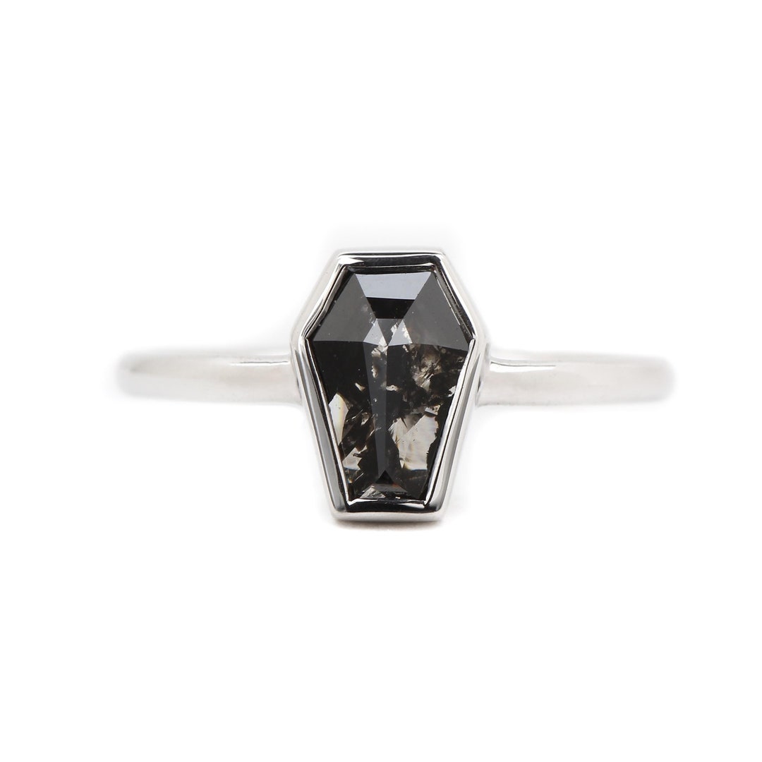 Gothic Coffin Diamond Ring, 14k White Gold Bezel Setting, Black ...
