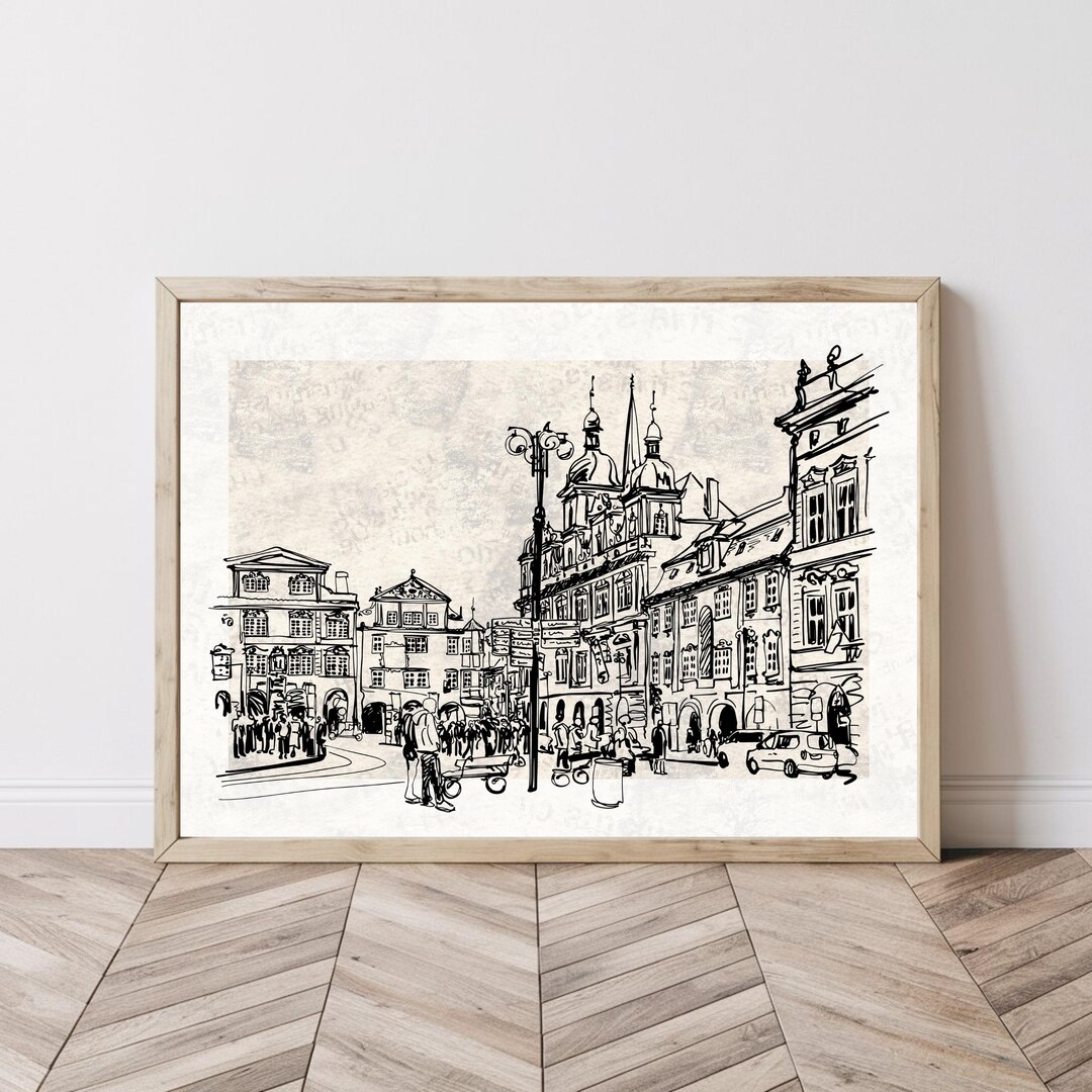 Vintage European City Street Line Art Print, Old Town Architecture ...