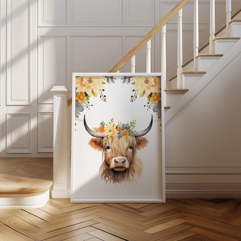 Highland Cow Printable, Floral Crown Highland Print, Scotland Cow ...