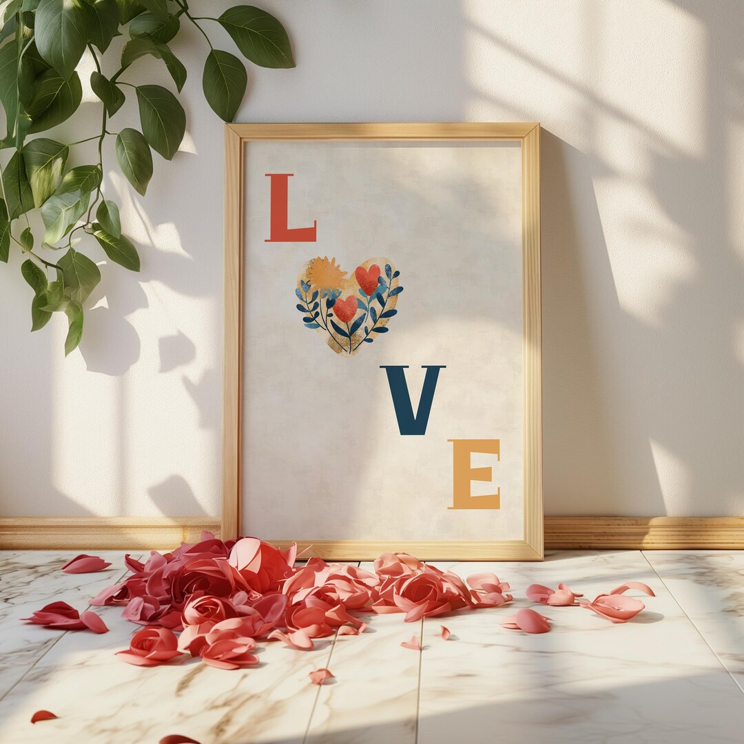 Valentine’s Day Love Wall Art Print, Romantic Heart Floral Poster ...
